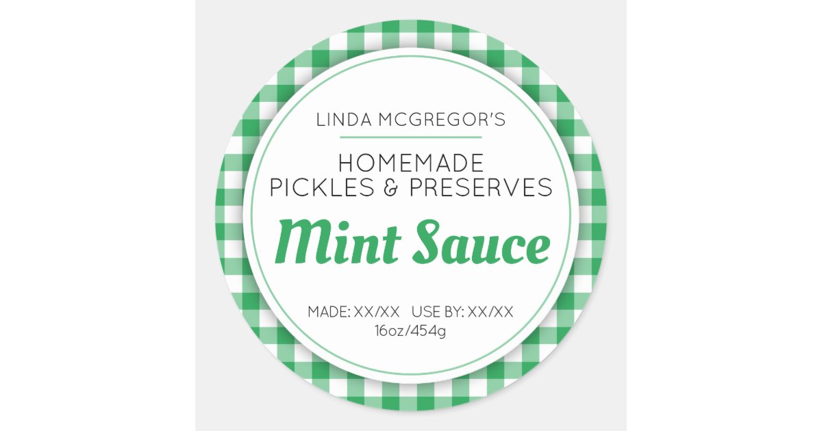 Mint sauce green white gingham jar food label | Zazzle