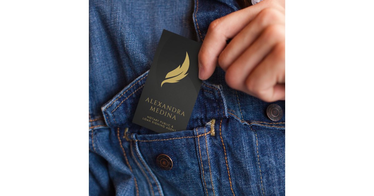 Mobile Notary Feather Quill Logo Black & Gold Business Card | Zazzle