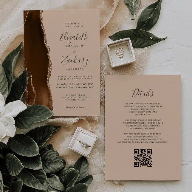 Mocha Brown Gold Agate Tan QR Code Wedding Invitation | Zazzle