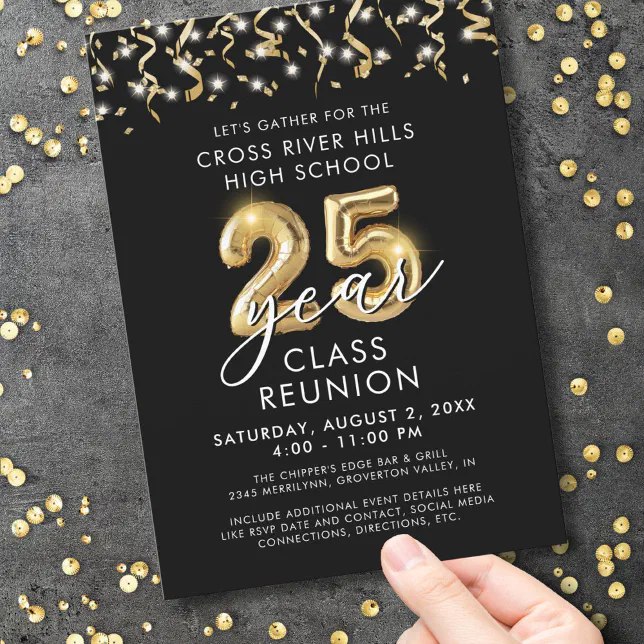 Modern 25 Year Class Reunion Black Gold Streamers Invitation | Zazzle