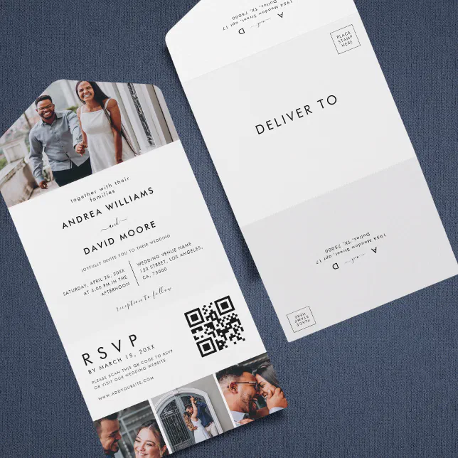 Modern 4 Photo Collage Typography Stylish Wedding All In One Invitation ...
