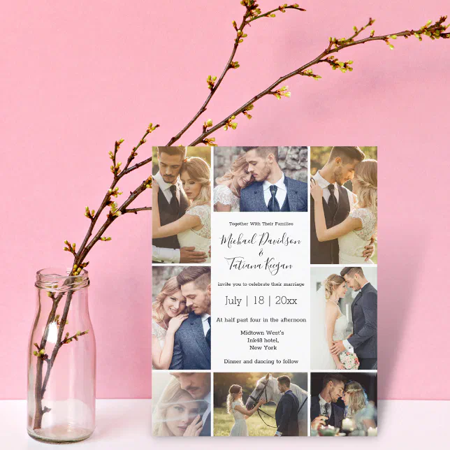 modern 8 photos collage minimalist wedding invitation | Zazzle