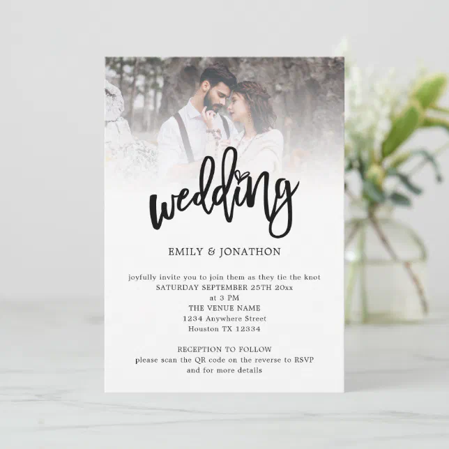 Modern Artsy Script Photo QR Code Wedding Invitation | Zazzle