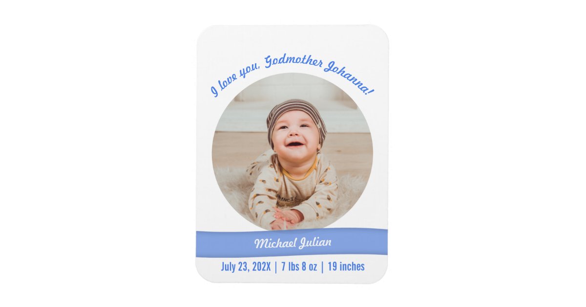 Modern Baby Boy Photo Birth Announcement Godmother Magnet | Zazzle