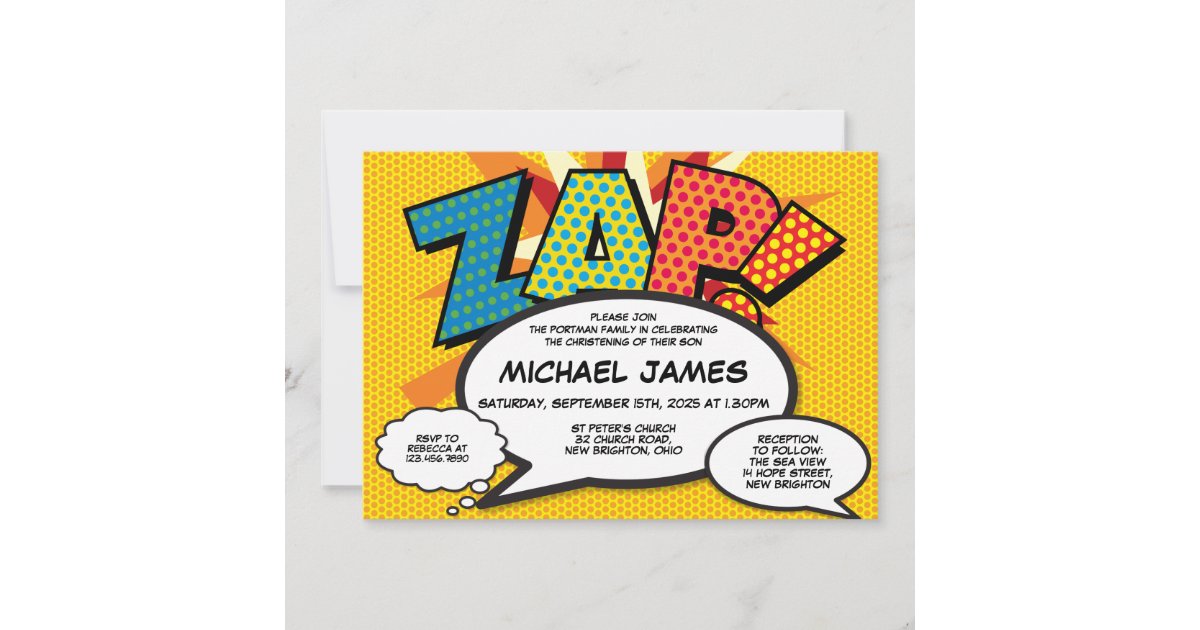 Modern Baptism Christening Fun Comic Book ZAP Invitation | Zazzle