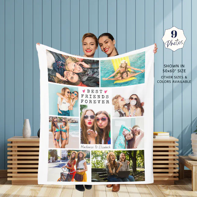 Modern BEST FRIENDS FOREVER Photo Collage Names Fleece Blanket | Zazzle