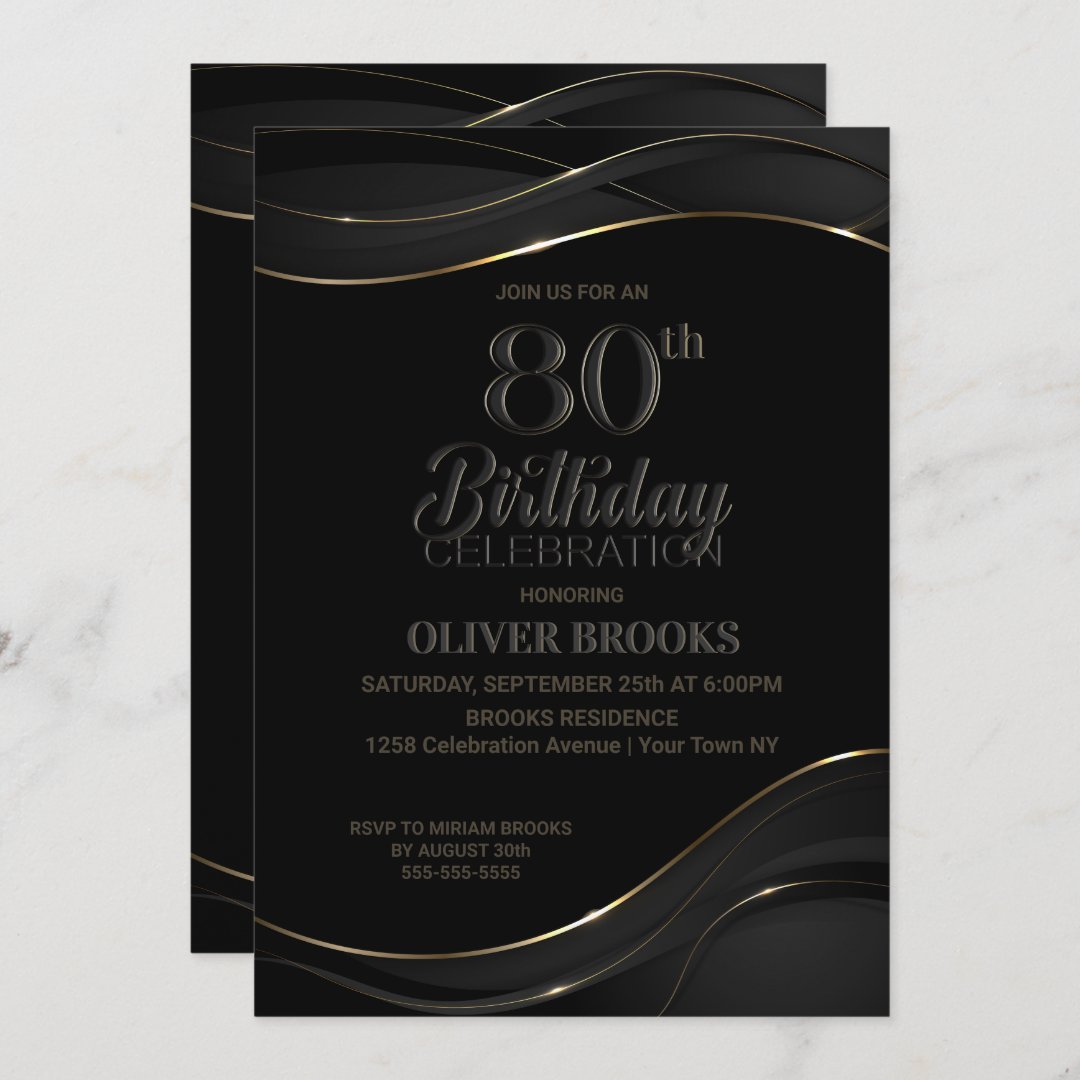 Modern Black Gold 80th Birthday Party Invitation | Zazzle