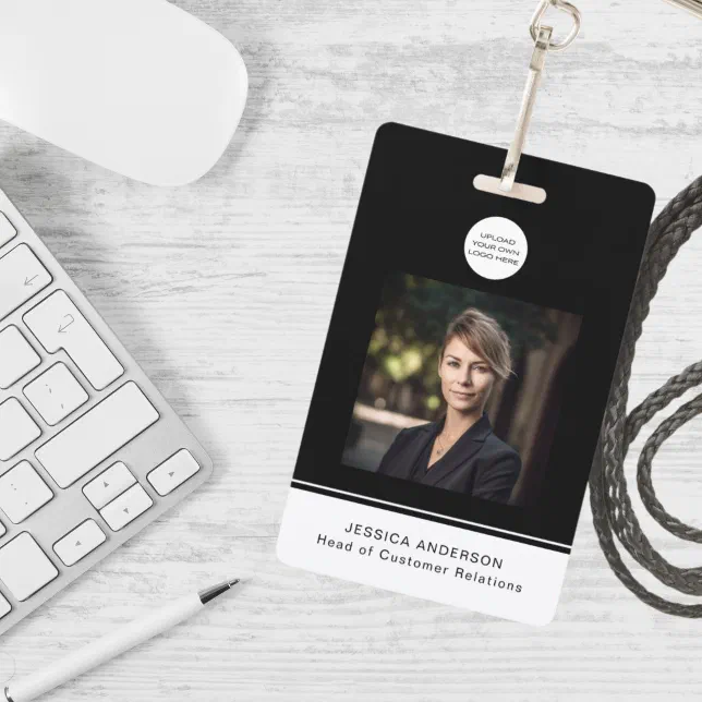 Modern Black ID Card Minimal Logo Photo QR Code ID Badge | Zazzle