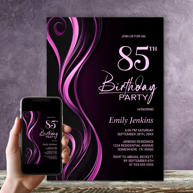 Modern Black Pink 85th Birthday Party Invitation | Zazzle