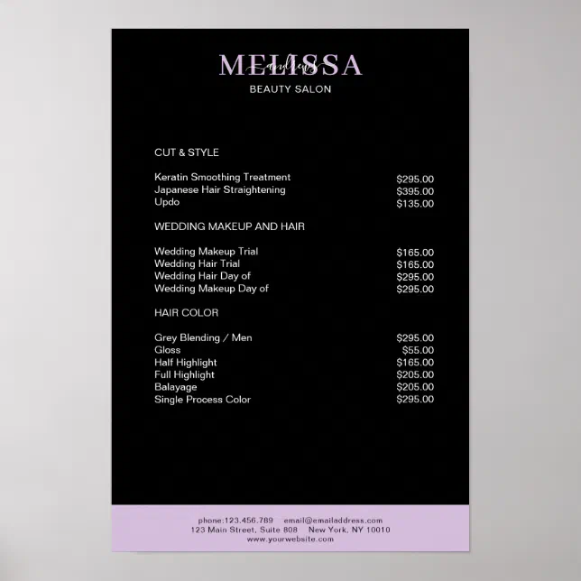 Modern Black Purple Price List Poster | Zazzle