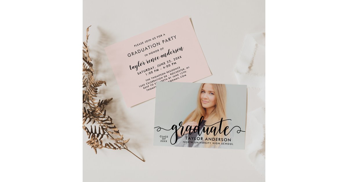 Modern Black Script Graduate Photo Graduation Invitation | Zazzle