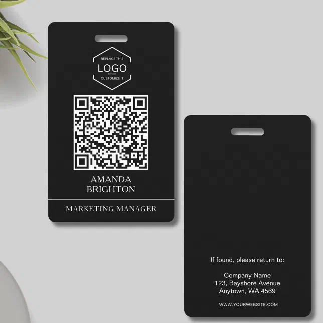 Modern Black White Business Logo QR Code ID Badge | Zazzle
