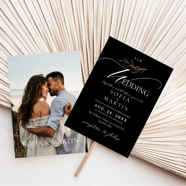 Modern Black White Elegant Script Wedding Photo Invitation | Zazzle