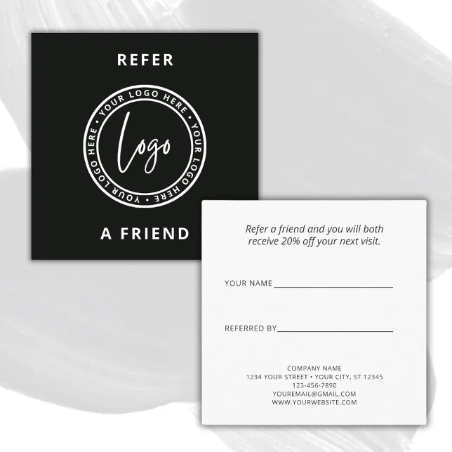Modern Black White Refer a Friend Add Logo Square Business Card | Zazzle