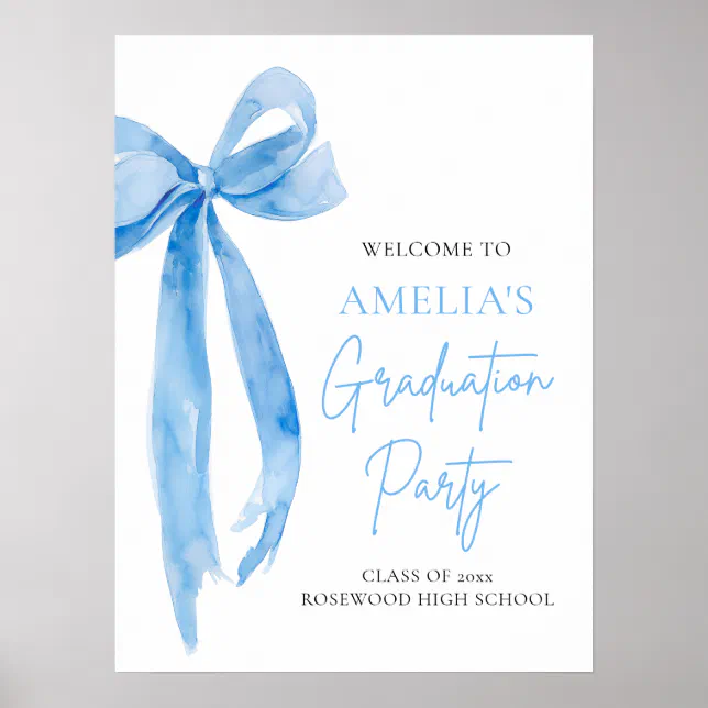 Modern Blue Bow Coquette Graduation Party Welcome Poster | Zazzle