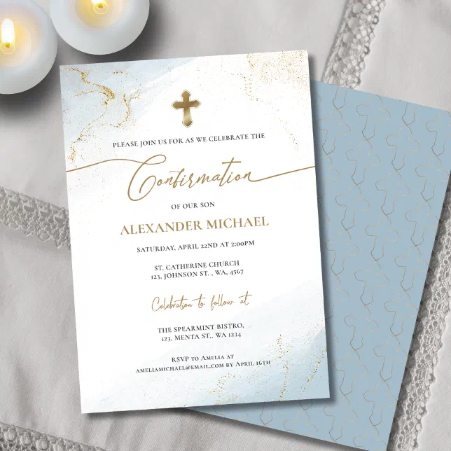 Modern Blue Gold Cross Boy Confirmation Invitation | Zazzle