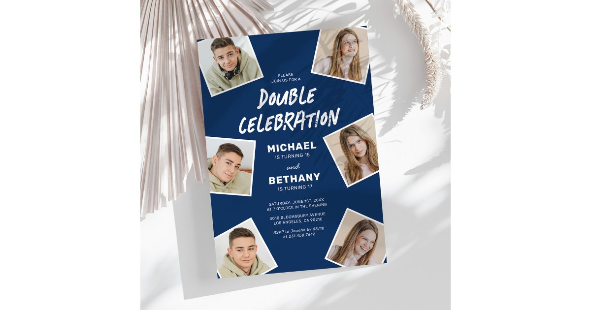 Modern Blue Joint Photo Birthday Party Invitation | Zazzle