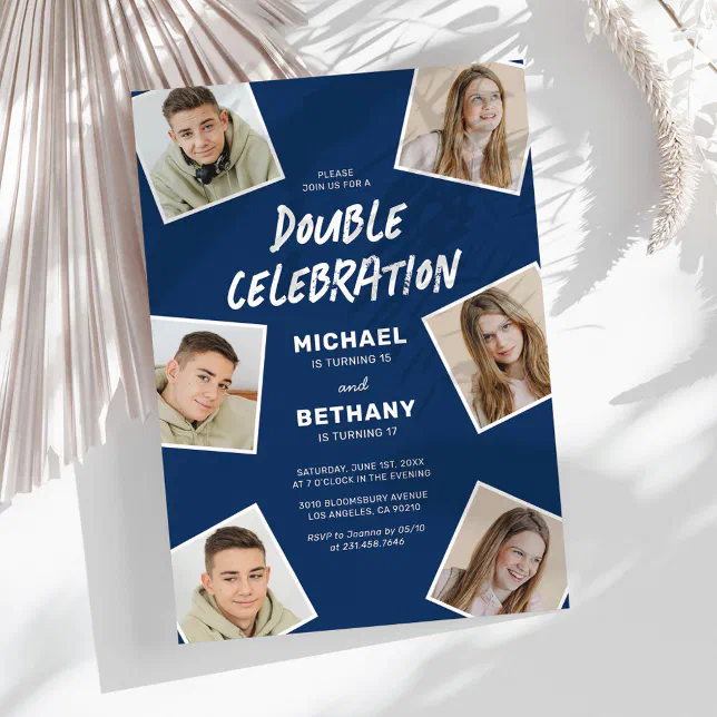 Modern Blue Joint Photo Birthday Party Invitation | Zazzle