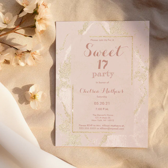 Modern blush pink gold glitter marble Sweet 17 Invitation | Zazzle