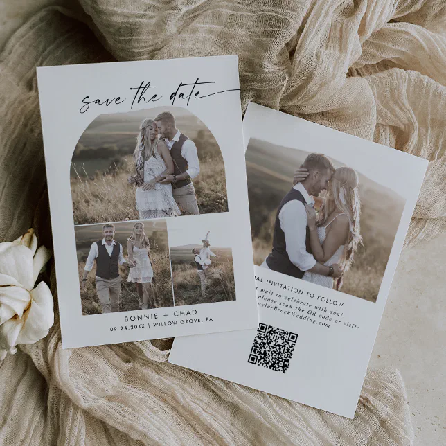 Modern Boho Arch QR Code Photo Collage Save The Date | Zazzle