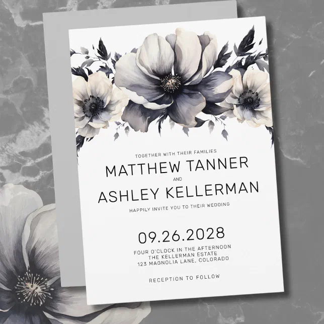 Modern Boho Black White Floral Wedding Invitation | Zazzle