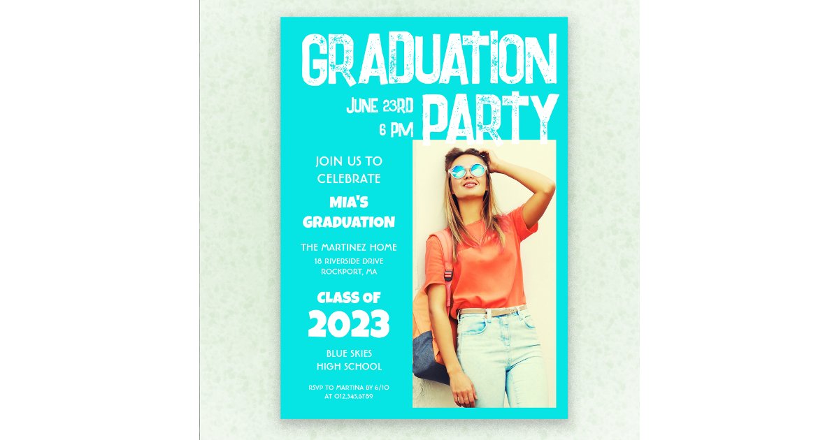 Modern Bold Aqua Blue White Photo 2023 Graduation Invitation | Zazzle