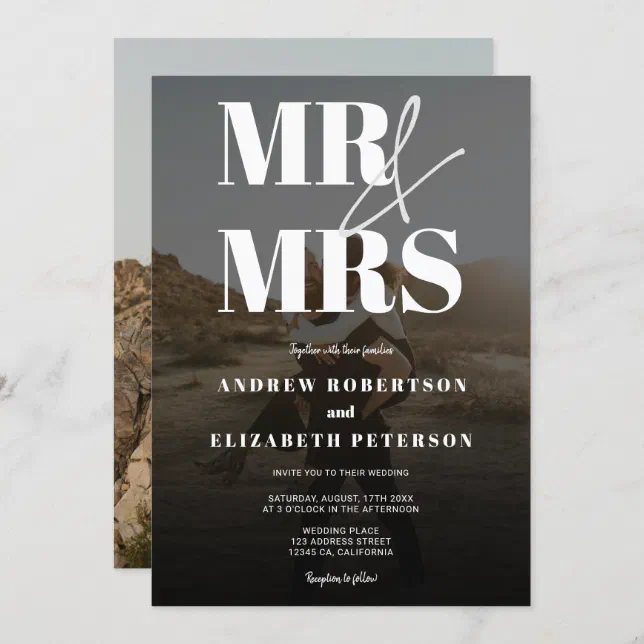 Modern bold Mr Mrs script black photo wedding Invitation | Zazzle