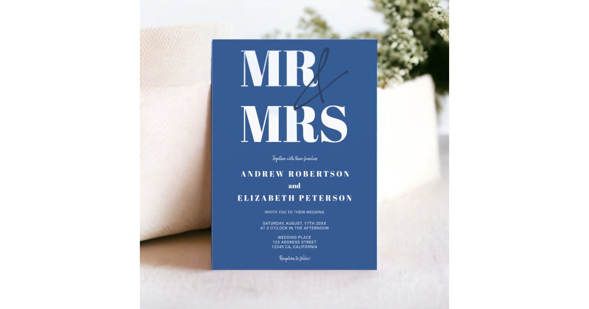 Modern bold Mr Mrs script chic blue photo wedding Invitation | Zazzle