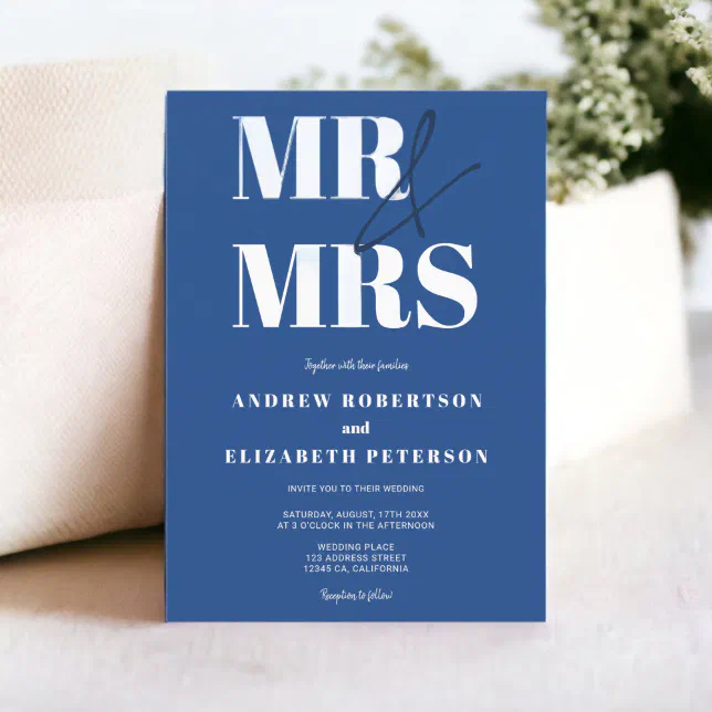 Modern bold Mr Mrs script chic blue photo wedding Invitation | Zazzle