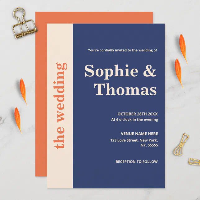 Modern Bold Typography Navy Blue Orange Wedding Invitation | Zazzle