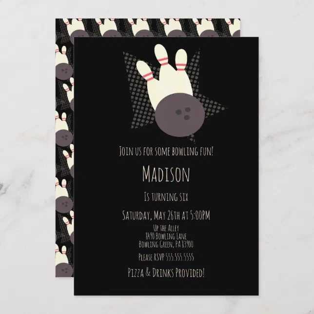 Modern Bowling Alley Birthday Party Black Invitation | Zazzle