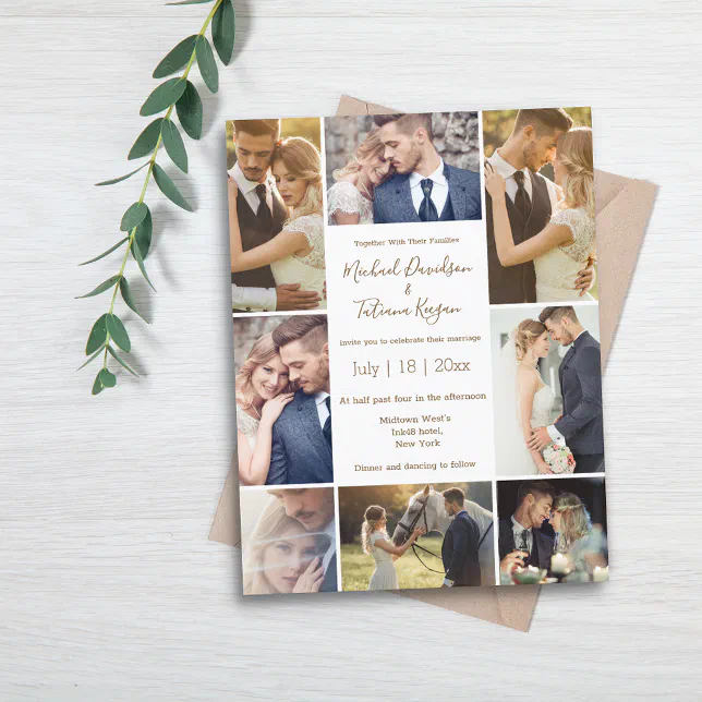 modern brown script 8 photos collage wedding invitation | Zazzle