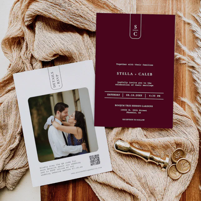 Modern Burgundy Minimalist Geometric Arch QR Code Invitation | Zazzle