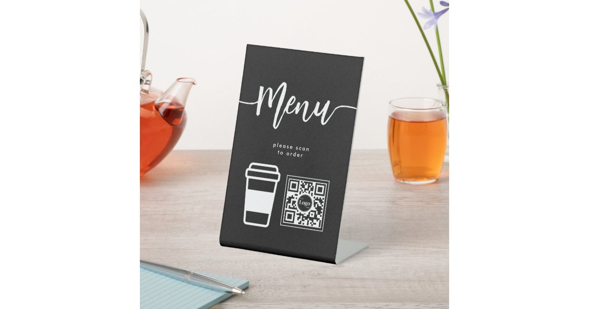 Modern Cafe Contactless Menu Script QR Code Black Pedestal Sign | Zazzle