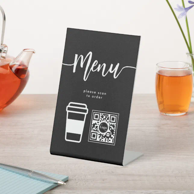 Modern Cafe Contactless Menu Script QR Code Black Pedestal Sign | Zazzle