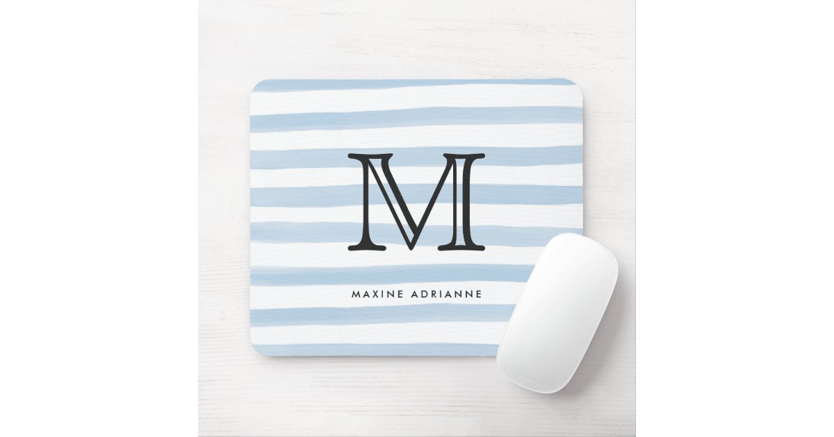 Modern Chic Dusty Blue Watercolor Stripes Monogram Mouse Mat | Zazzle