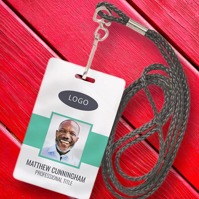 Modern Colour Custom Logo Employee Name Barcode ID Badge | Zazzle