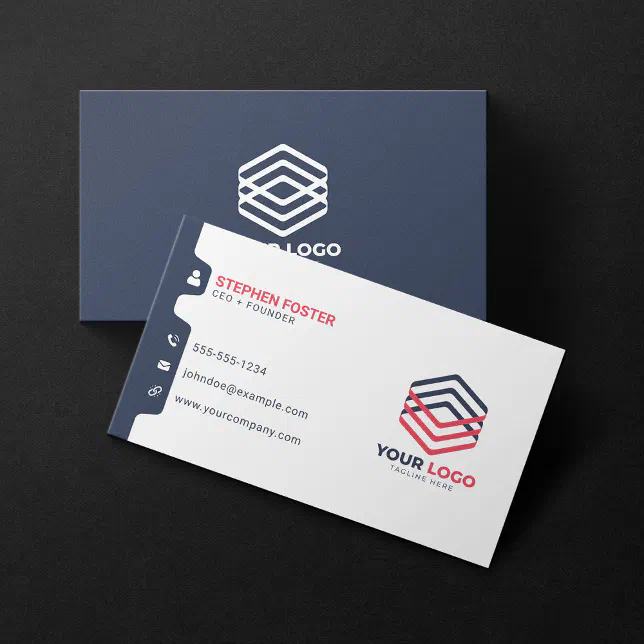 Modern Corporate Navy Blue and red Custom Logo Business Card | Zazzle