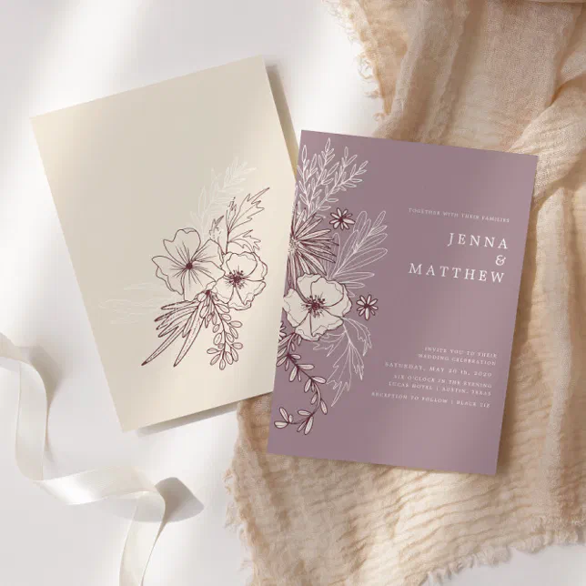 Modern Creme Mauve Floral Wedding Invitation | Zazzle