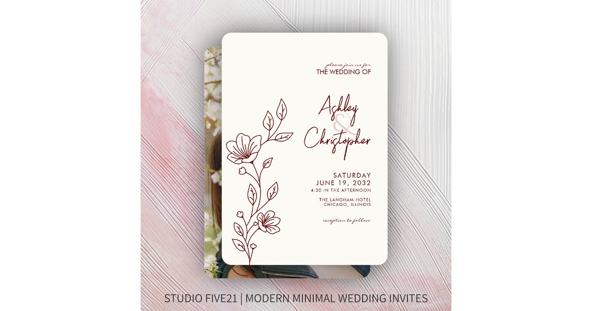 Modern Crimson Red Foliage Outline Photo Wedding Invitation | Zazzle