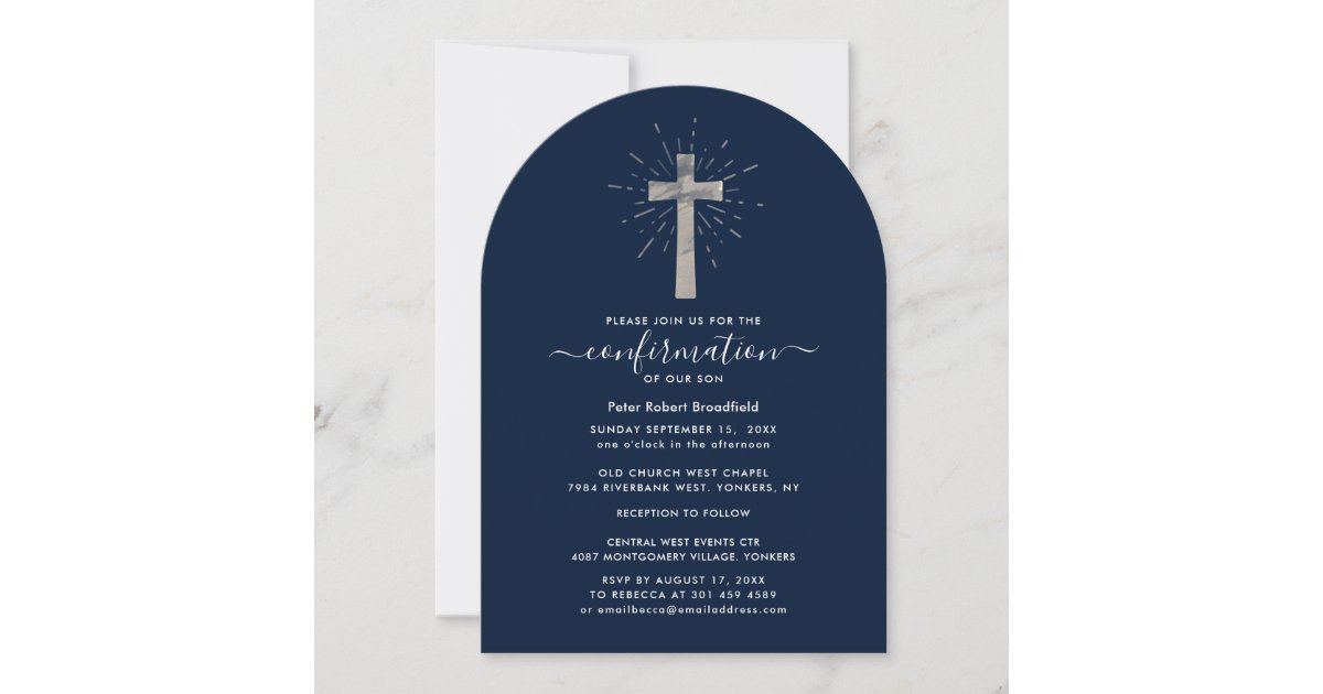 Modern Cross Navy Blue Baby Confirmation Invitation | Zazzle