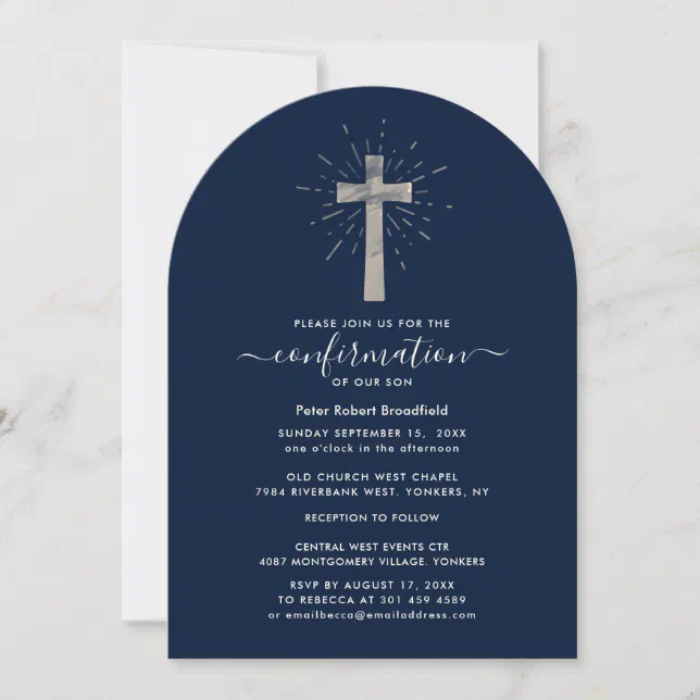 Modern Cross Navy Blue Baby Confirmation Invitation | Zazzle