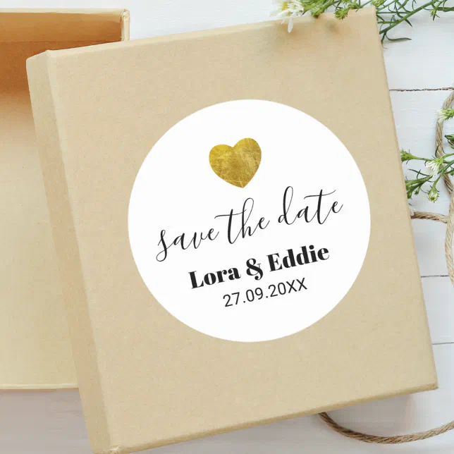 Modern Custom Gold Heart Wedding Save The Date Classic Round Sticker ...
