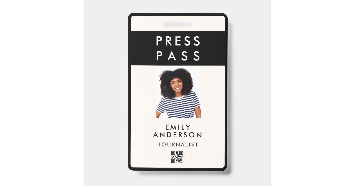 Modern Custom Press Pass Photo ID Logo QR Code Badge | Zazzle