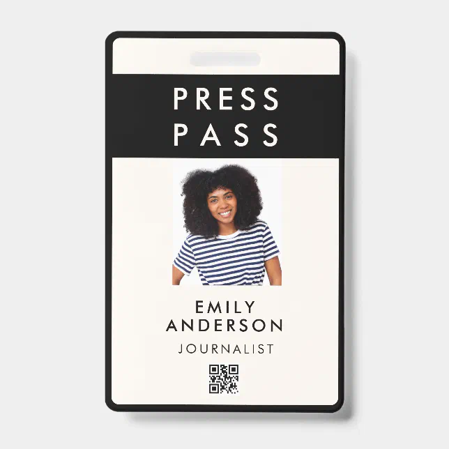 Modern Custom Press Pass Photo ID Logo QR Code Badge | Zazzle