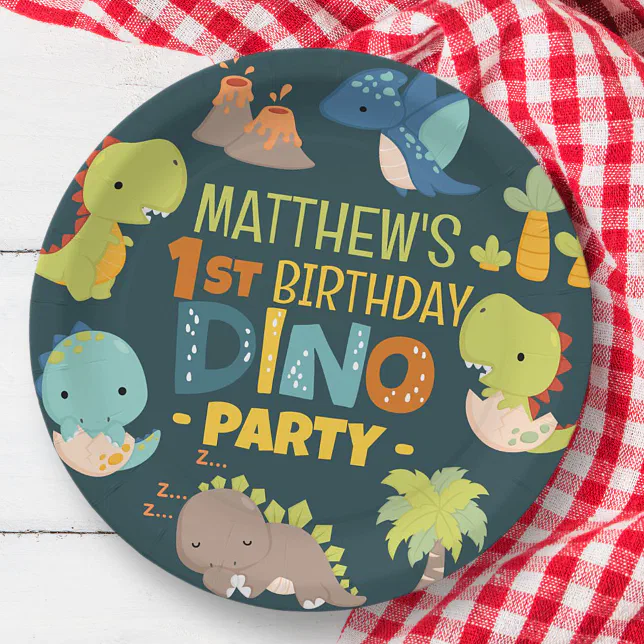 Modern Cute Dino Dinosaur Kid's Birthday Party Paper Plate | Zazzle
