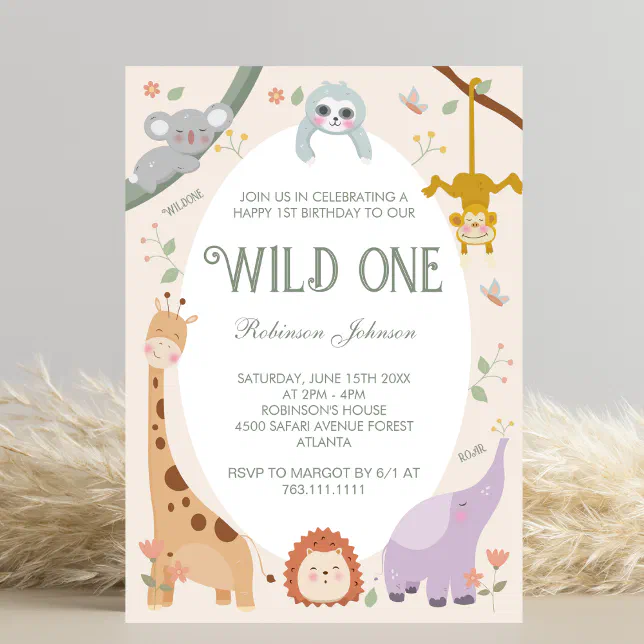 Modern Cute Wild One Safari Animals 1st Birthday Invitation | Zazzle