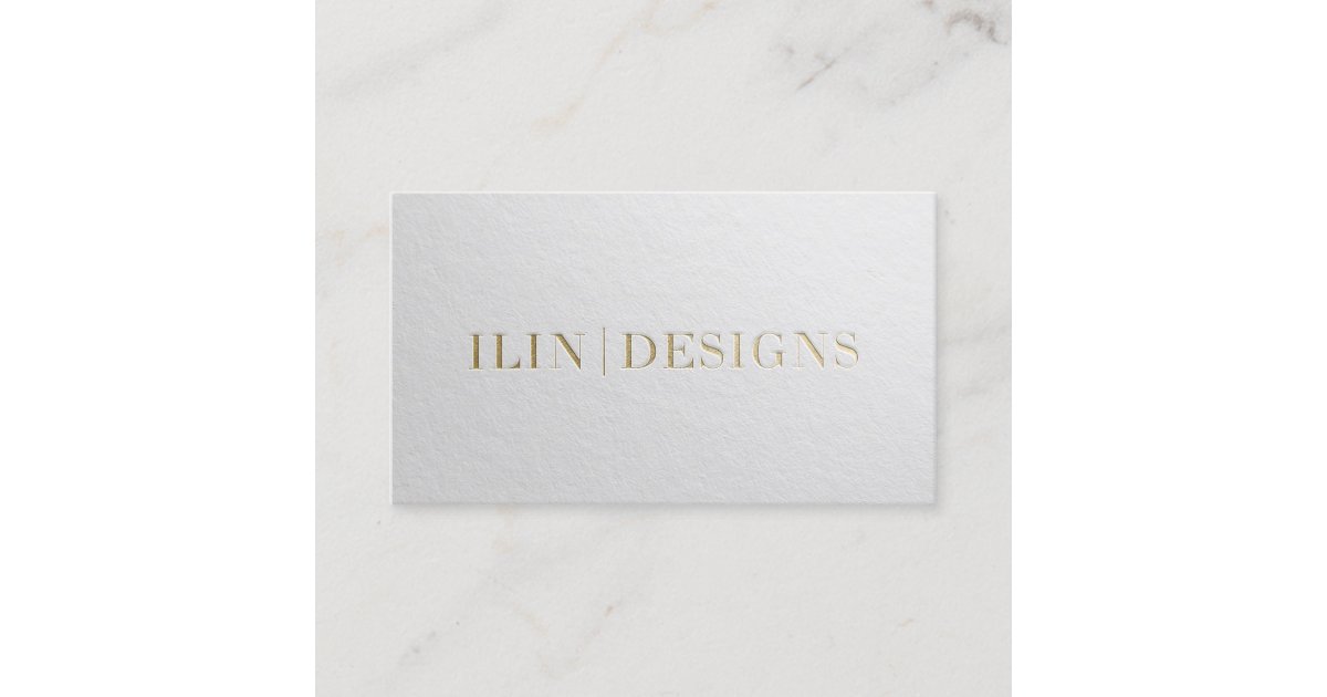 Modern Designer Minimal White & Gold Embossed Text Business Card | Zazzle