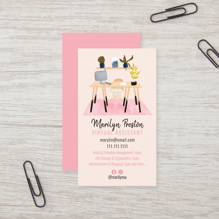 Modern desk illustration virtual assistant pink business card | Zazzle ...