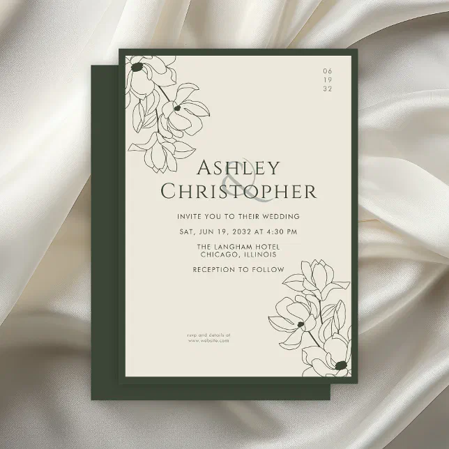 Modern Drawn Floral Dark Moss Green Wedding Invitation | Zazzle